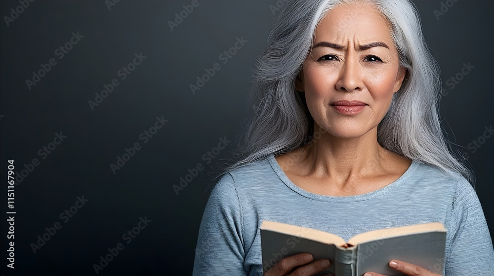Elderly Asian woman holding a book and struggling to read due to ...