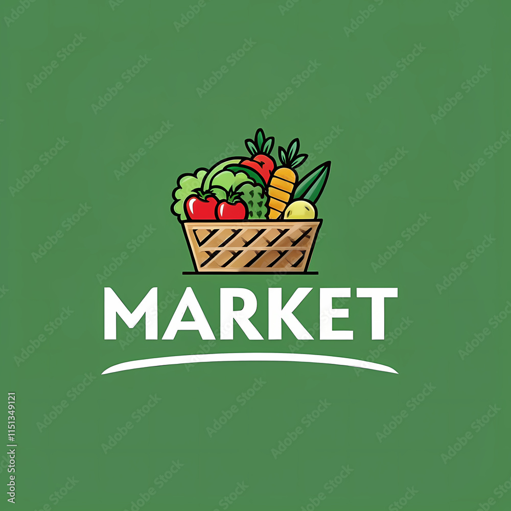 ภาพประกอบสต็อก logo for a market with a basket of fruits and vegetables ...