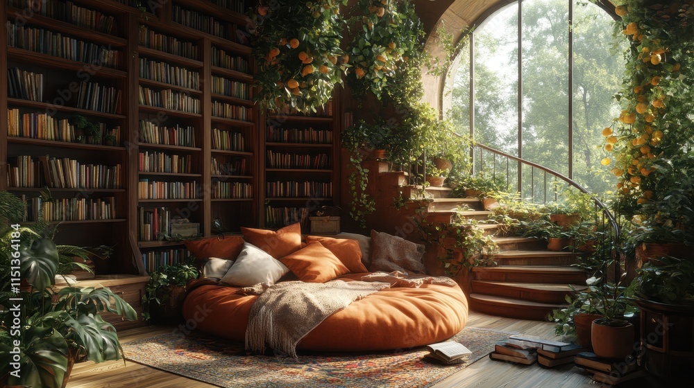 Whimsical library with a spiral staircase, hanging plants, and cozy ...