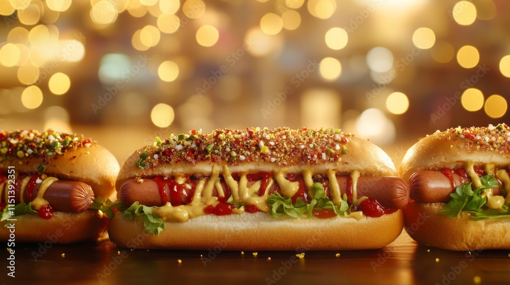 fairground concession photography, symmetrical hot dog lineup, gourmet ...