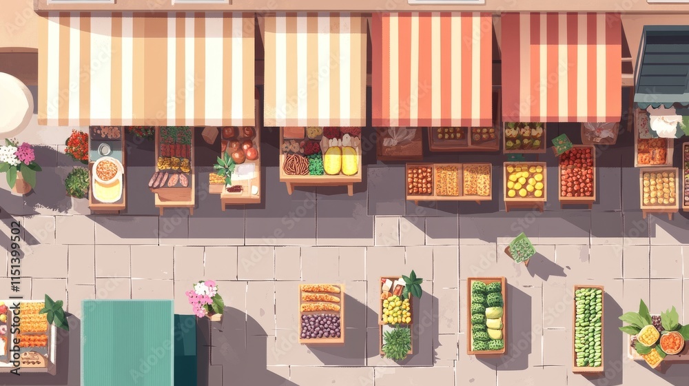 Top-down view of street market layout, collection of food vendor booths ...