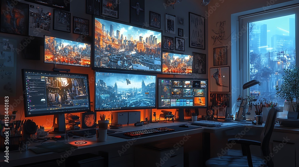 A bustling animation studio desk with multiple monitors displaying ...