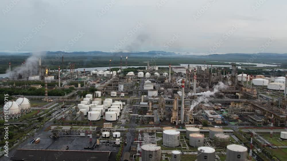 Biggest Fuel terminal in Indonesia, View of tank with oil refinery and ...