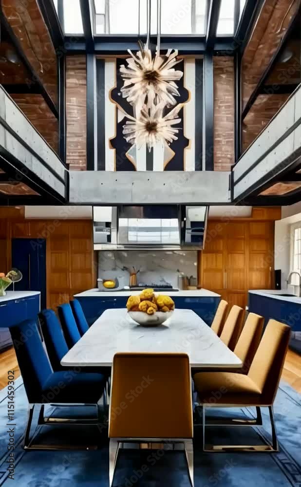 A grand, high-ceilinged kitchen and dining room fusion, where opulent ...