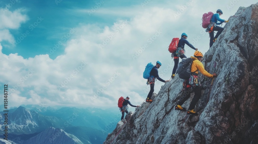 Teamwork in action: group of people climbing a peak on a mountain, embracing unity and ...