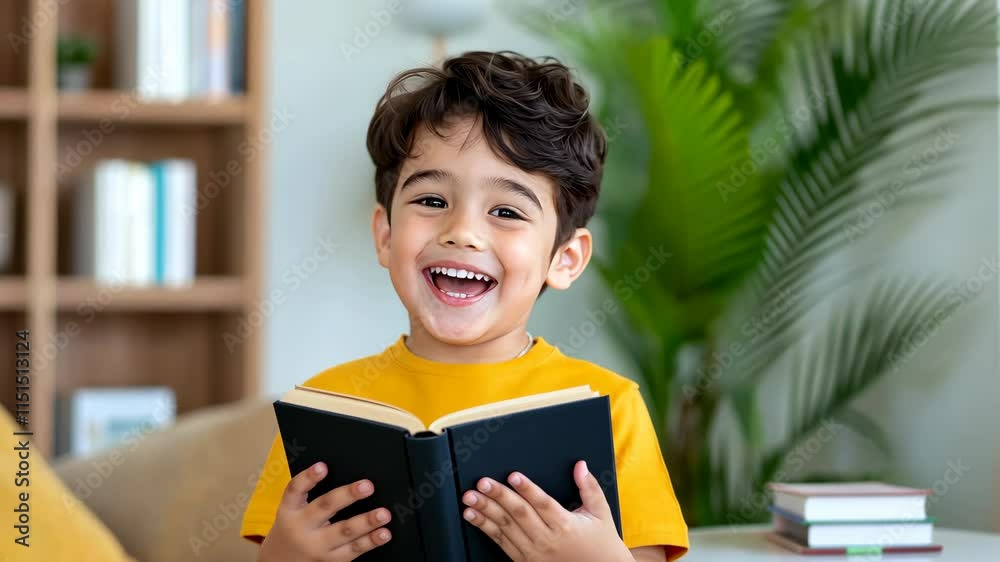 Happy child boy preschooler holding an open book education, enjoying ...