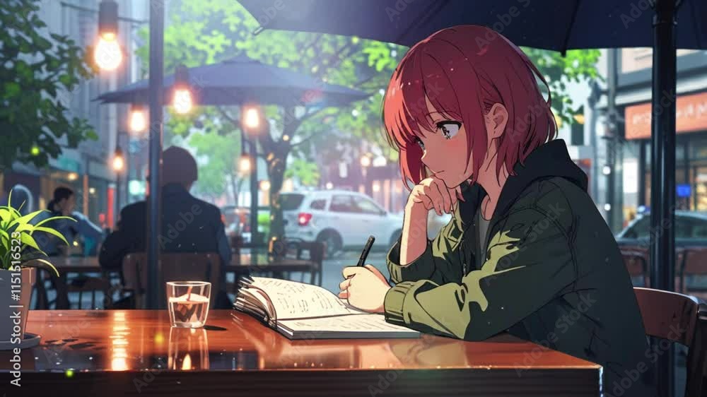 Lofi girl relaxing listening to music with outside in home on rainy ...
