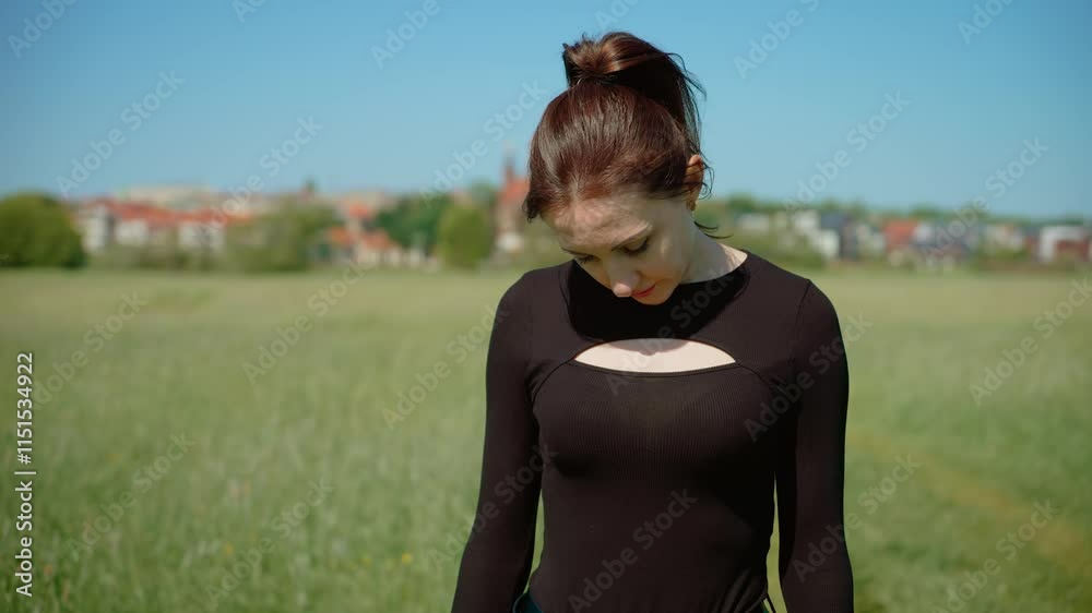 Woman performing neck stretches outdoors with rotational movements ...