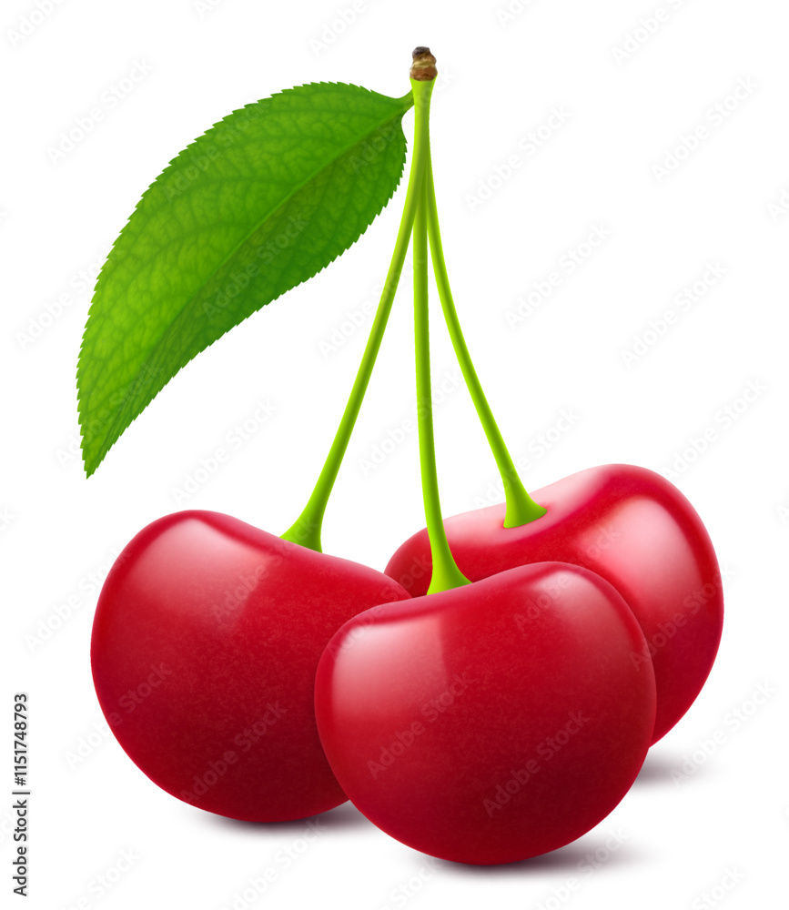 Ripe cherries with leaves isolated on a white background. Whole red ...