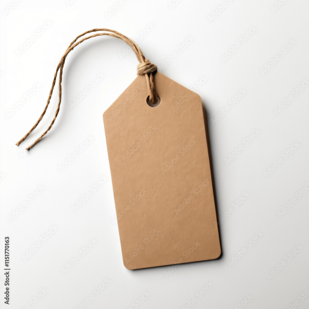 A blank tan price tag with a brown string on a plain white background ...