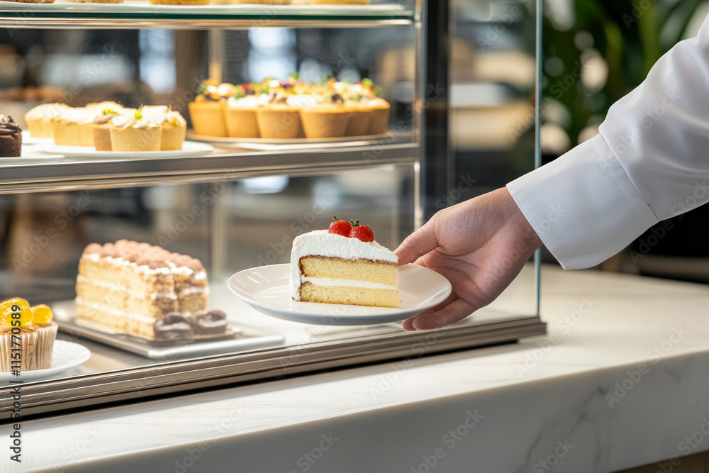 Elegant dessert display in a modern cafe featuring assorted pastries ...