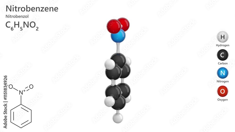 Nitrobenzene. Animated 3D model of a molecule. Molecular formula ...