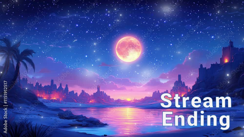 Magical night over the serene ocean under a glowing moonlight stream ...