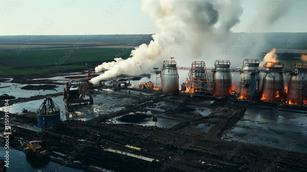 Aerial view of a fire at an oil refinery. Man-made disaster. Witness ...