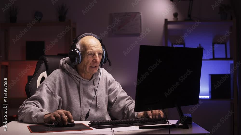 Successful senior mature gamer streaming his nighttime gaming session ...