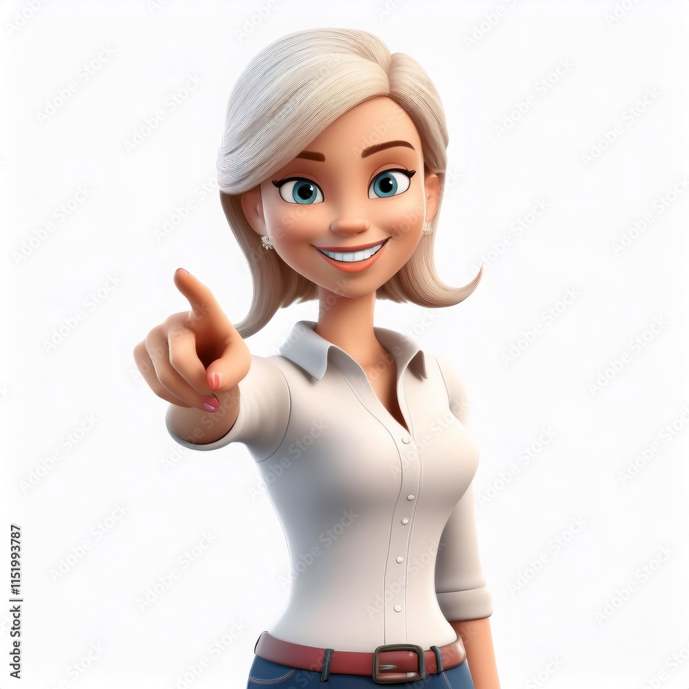 Smiling cartoon businesswoman pointing her index finger towards the ...