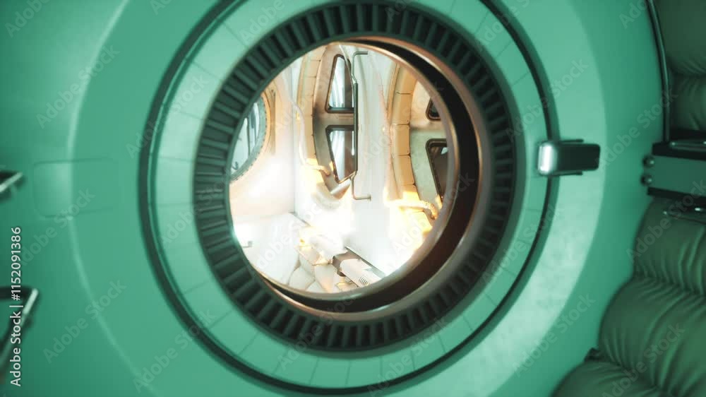 This space station interior features a circular window revealing bright ...