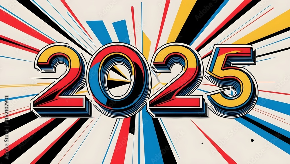 2025 in Bold, Colorful Retro Comic Book Style with Radiating Lines and ...