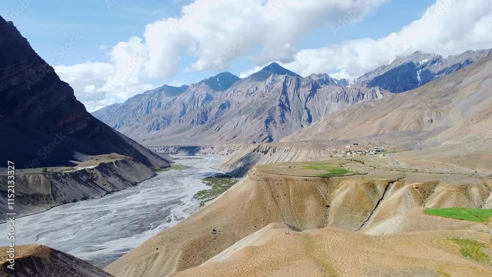 An aerial view of the pangmo village with spiti river and himalayan ...