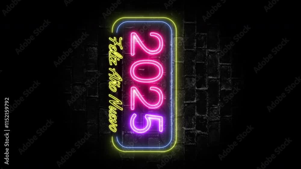 Feliz ano nuevo 2025. Happy New Year 2025. Vertical neon frame with ...