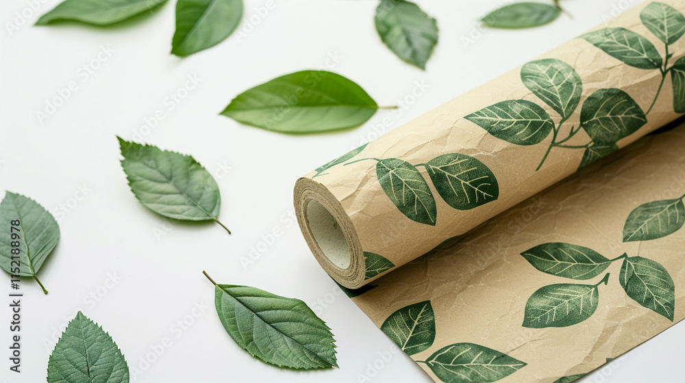 A partially unrolled roll of eco-friendly kraft wrapping paper with a ...