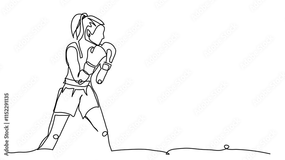 Boxing girl animated illustration. One continuous self drawing line ...