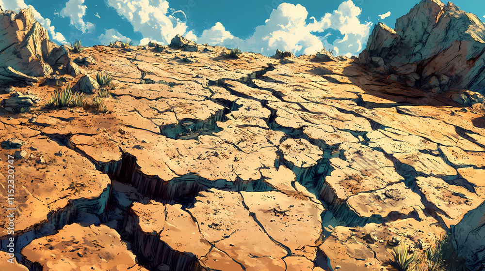 ภาพประกอบสต็อก Dry, cracked earth sprawls out in a vast, barren ...