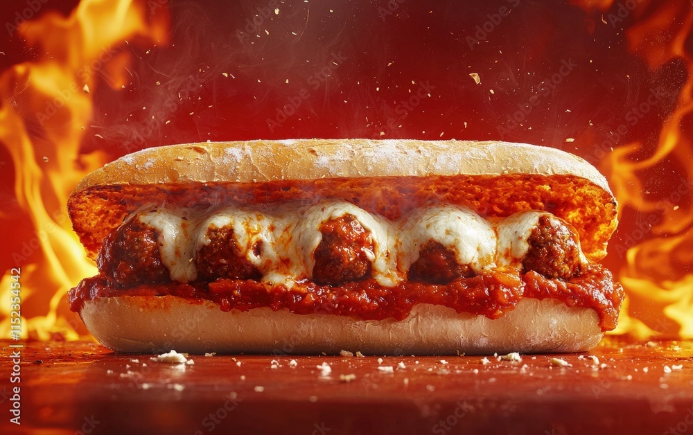 A hearty meatball sub with marinara sauce and melted mozzarella mid ...