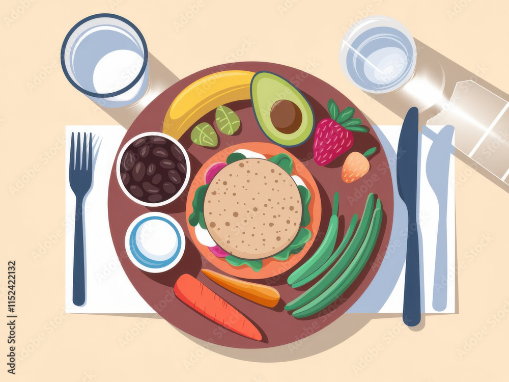 Ilustración de un plato de alimentación saludable con una variedad de ...