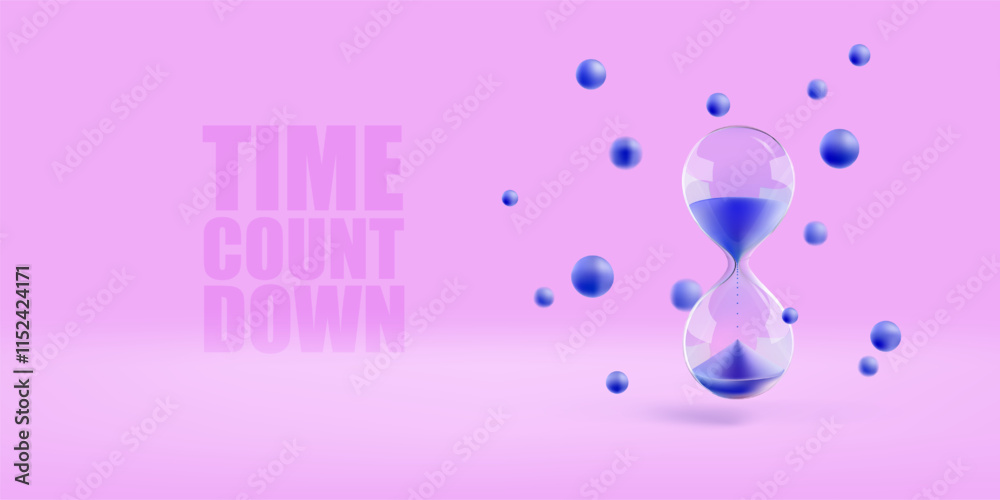 Time count down. Hourglass banner template on pink background ...