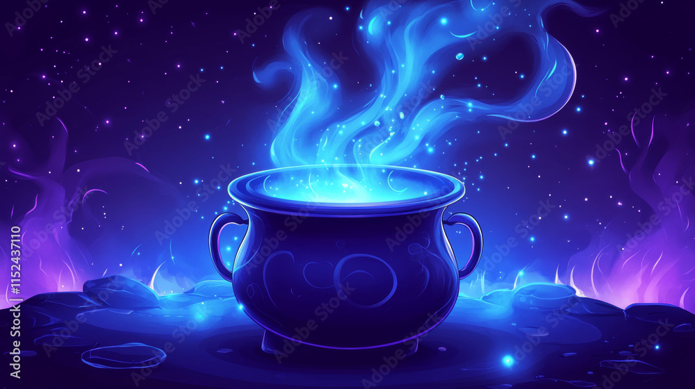 Magic halloween witch cauldron with spooky fire face vector. Wizard ...