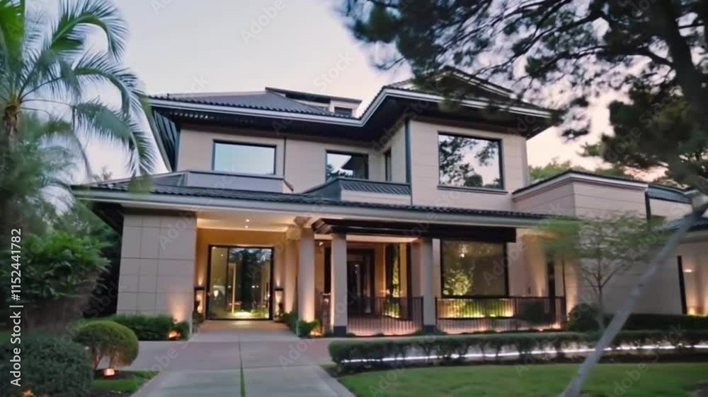 Contemporary mansion facade with hidden LED lights illuminating the ...