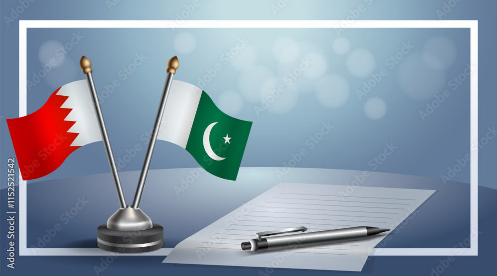 Poster Bahrain and Pakistan National flags on small table with bokeh ...