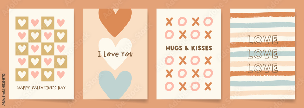 Set of Valentine's Day Greeting Cards with hand-drawn hearts, 'xo', and ...