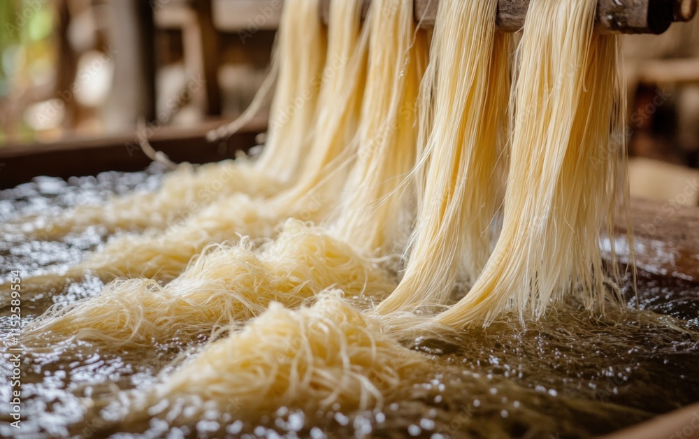 Long strands of flax fibers undergo the retting process, submerged in ...