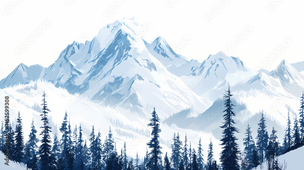 Mountain peak summit of mount baker seen from treeline in winter snow ...