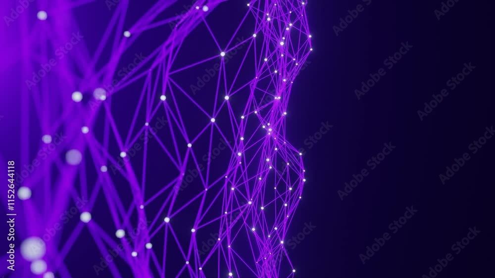 Abstract purple network of connected glowing points and lines on a dark ...