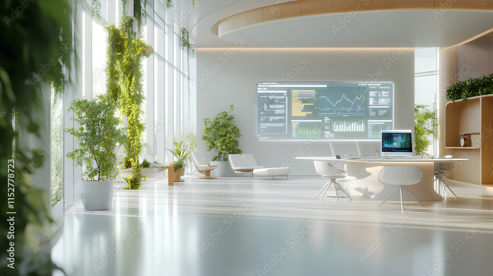 Futuristic hybrid meeting room with augmented reality displays, virtual ...