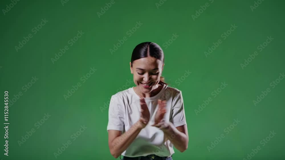 clap woman production, green screen, female subject clapping, close-up with small object Stock ...