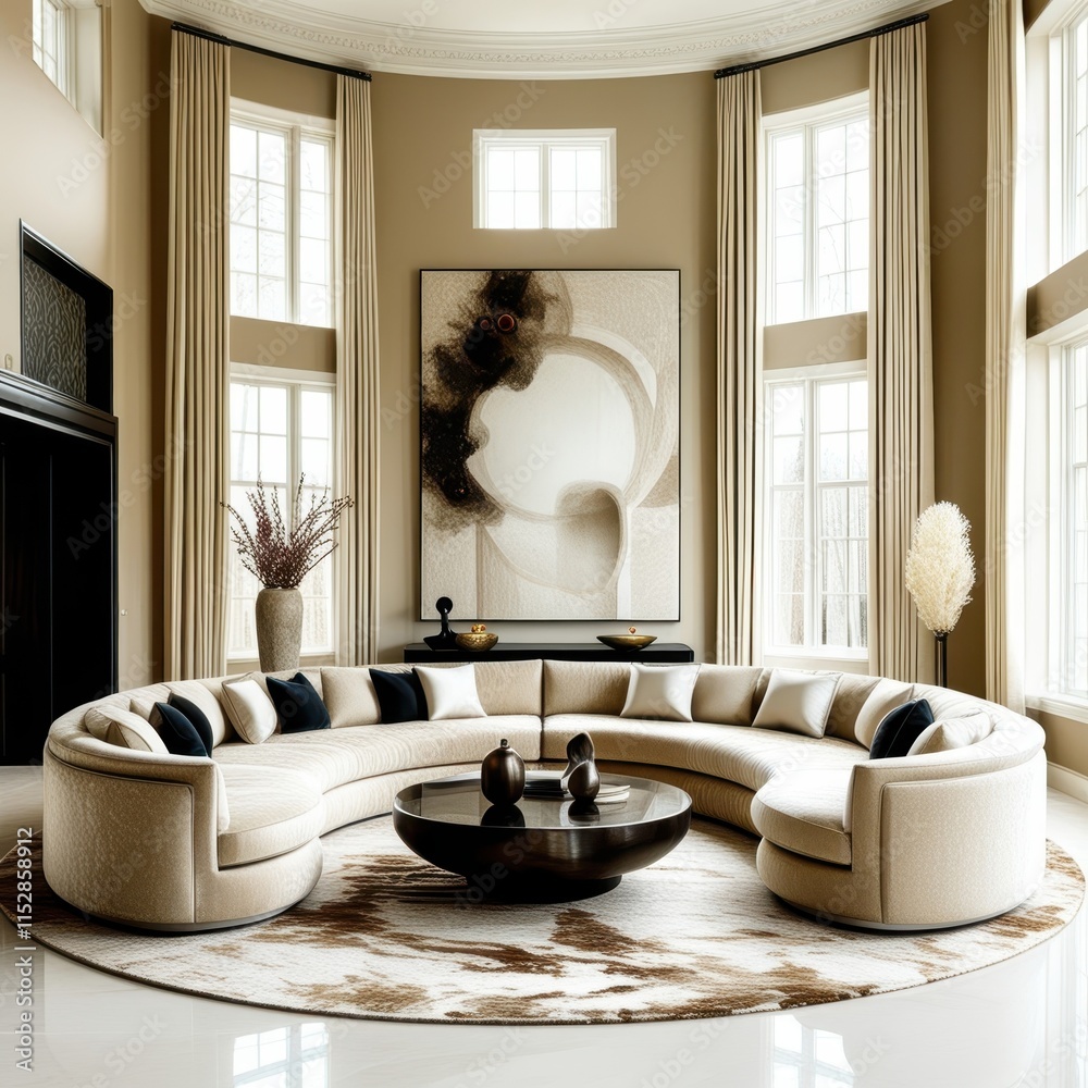 Luxurious circular living room, curved cream sofas, high ceilings ...