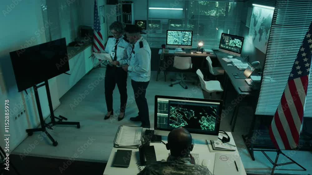 Full high angle CCTV camera footage of multiethnic male and female ...