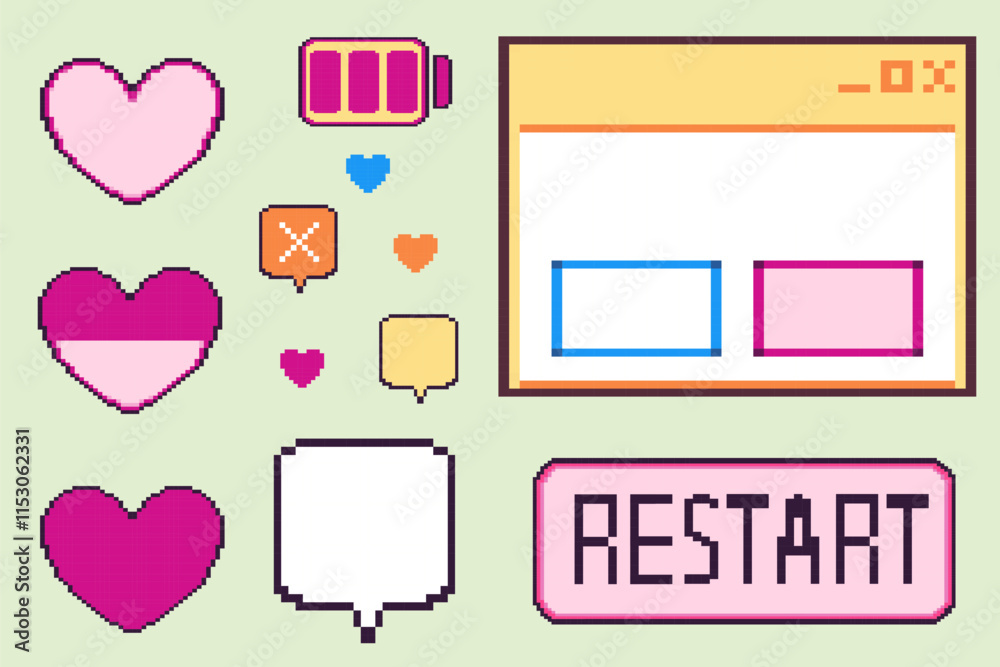 Pixel art game UI collection - hearts in different sizes, battery ...