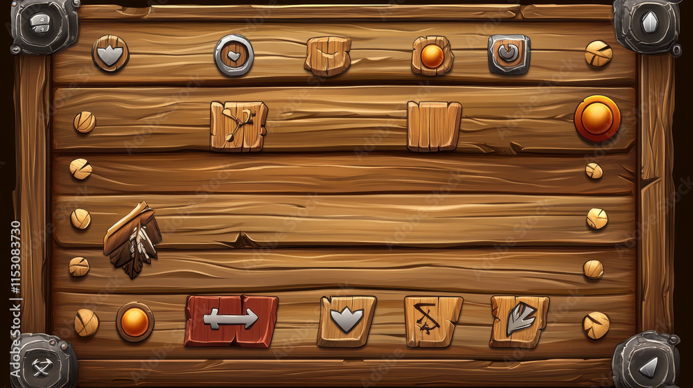 Wood pirate ui game frame and board button vector. Wooden texture menu ...
