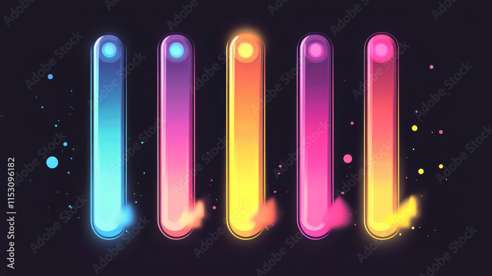 Game progress bars set in blue, red, green colors isolated on ...