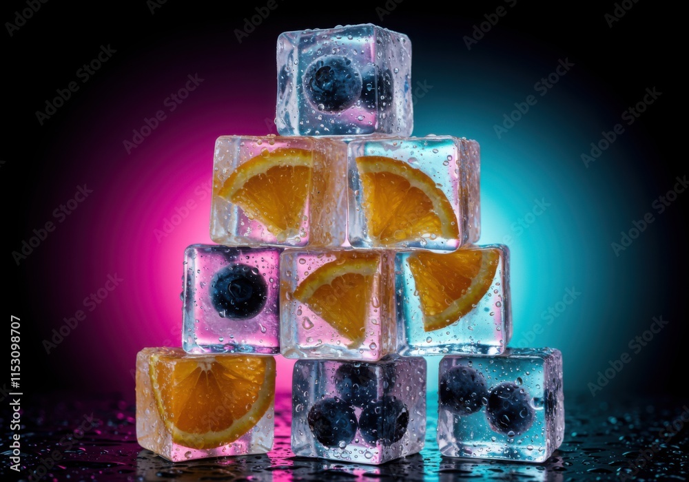 A background of various tropical fruits and ice cubes arranged. The ice ...