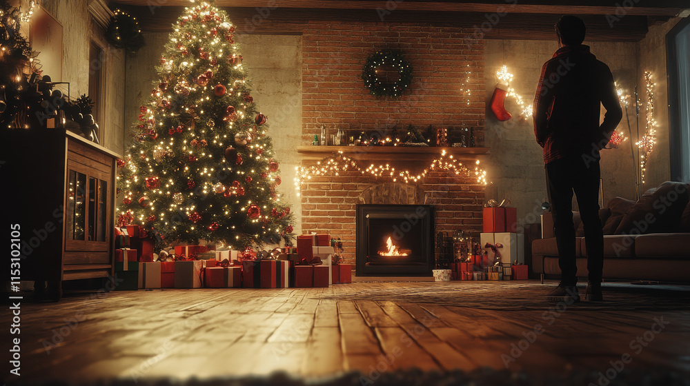 Burglar man near Christmas tree in living room. Home interior ...