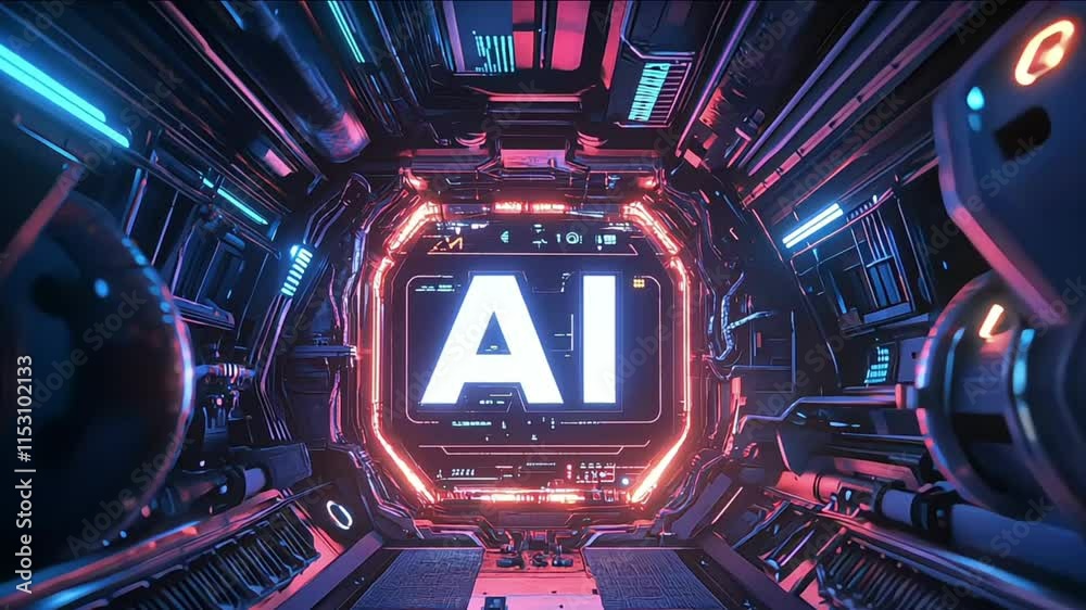 AI Sphere: A glowing red AI logo illuminates a futuristic, sci-fi ...