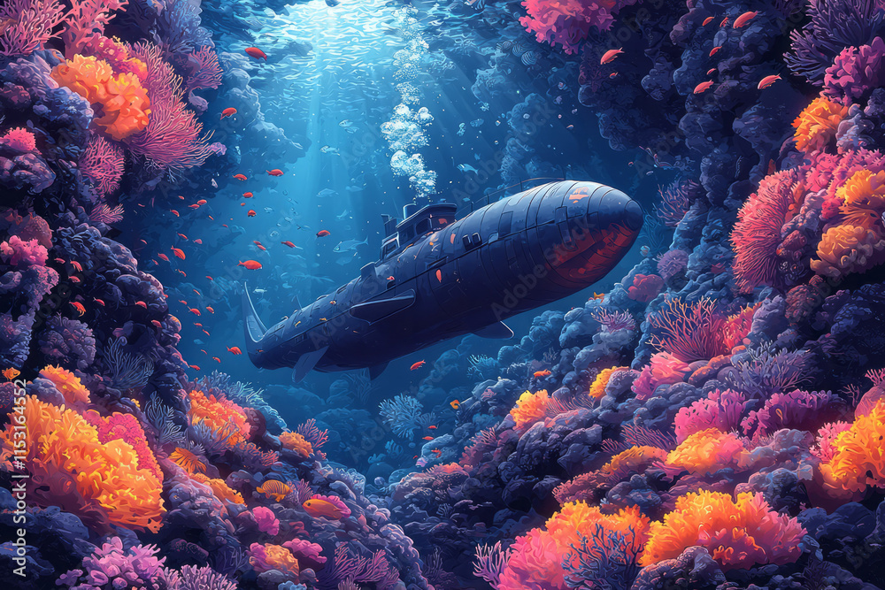 Isometric seamless illustration of underwater scenes with coral reefs ...