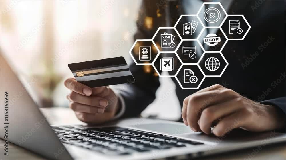 Person holding a credit card using a laptop with digital visa rejection ...