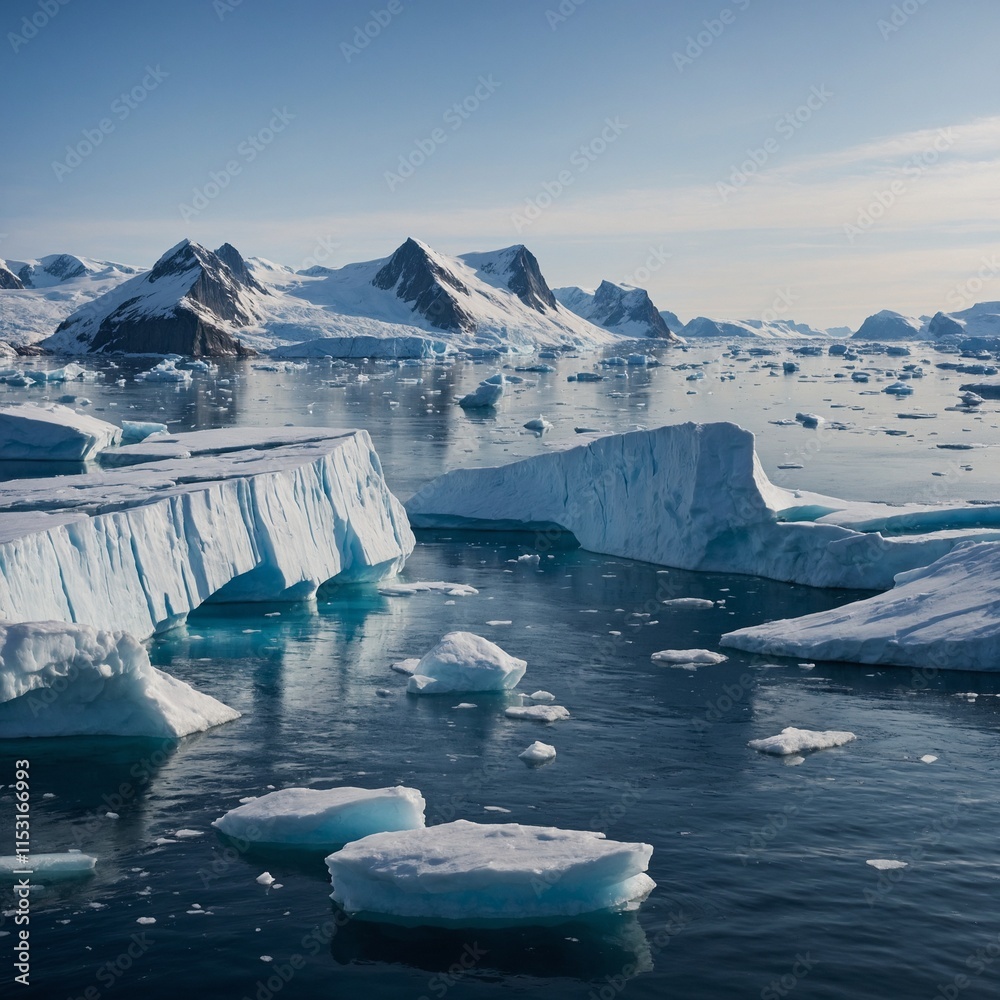 "Create a breathtaking scene of icebergs floating in the Arctic Ocean within the Ilulissat ...